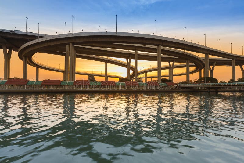 Sunset Over Round Highway Intersection River Front Stock Photo - Image ...