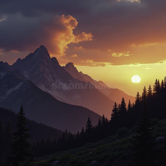 Sunset Over a Rugged Mountain Range with Clouds and Trees, Sunsets ...