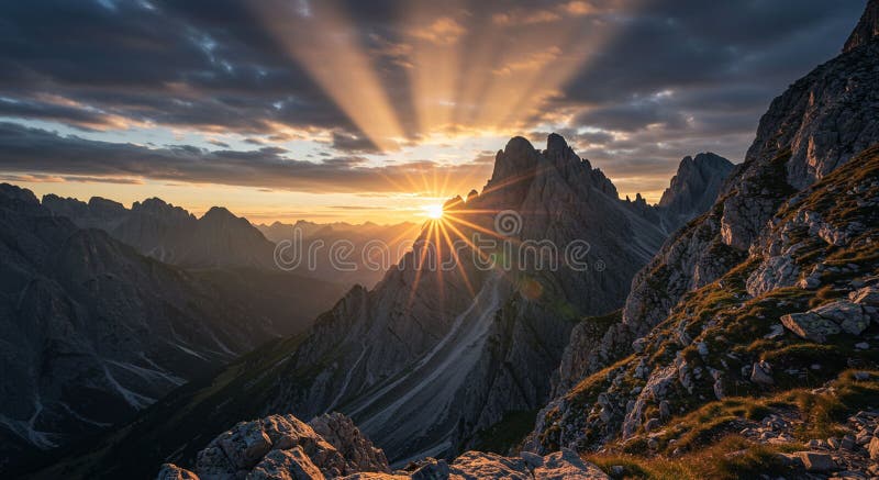 Sunset Over a Rugged Mountain Range, Possibly the Dolomites in Italy ...