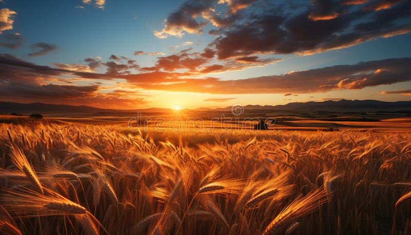 Sunset Over Rural Farm, Golden Wheat Harvest Generated by AI Stock ...
