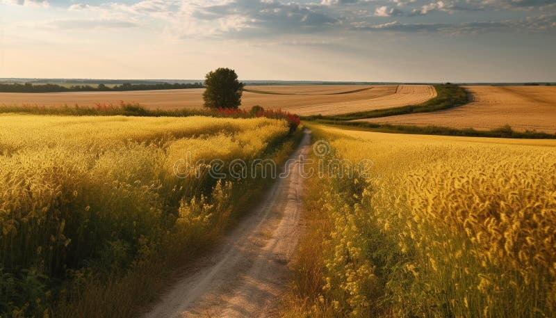 Sunset Over Rural Farm, Meadow, and Wheat Generated by AI Stock Image ...