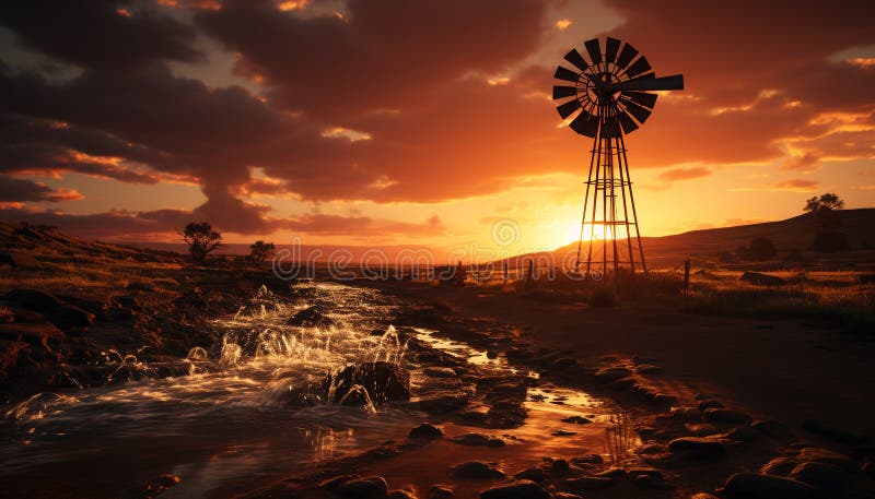 Sunset Over the Rural Landscape, Windmill Harnessing Power Generated by AI Stock Illustration ...