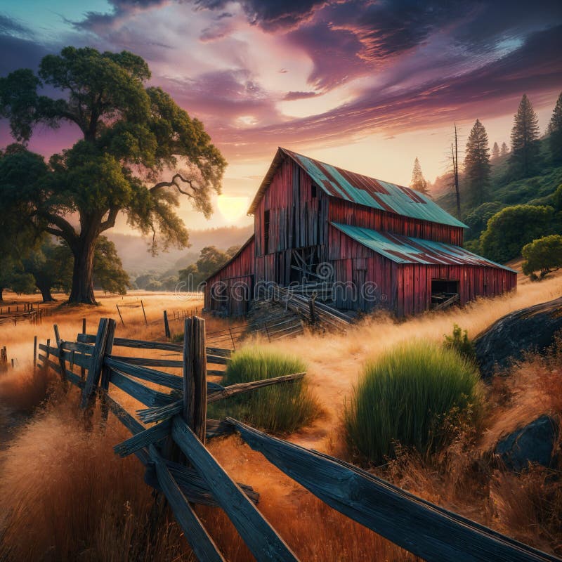 "Sunset Over a Rustic Barn," (Generative a.I.) Stock Illustration ...