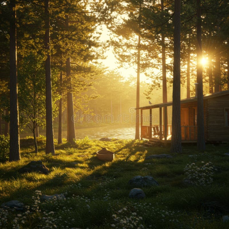 Sunset Over a Rustic Cabin in a Golden Forest Stock Illustration ...