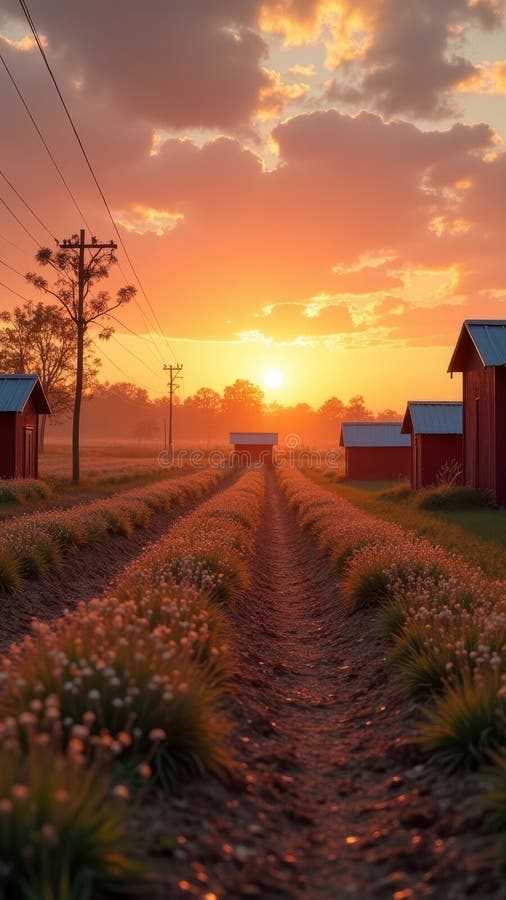 Sunset Over Rustic Farm with Dirt Path and Red Barns Stock Image ...