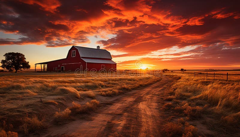 Sunset Over a Rustic Farmhouse in a Meadow Generated by AI Stock Image ...