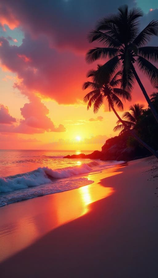 Sunset Over Samoan Beach with Swaying Palm Trees , Seascape, Palm Tree ...