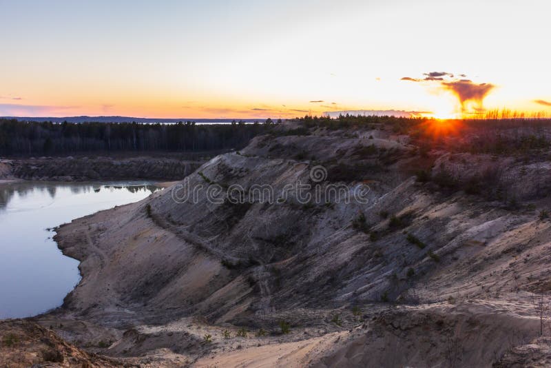Sunset Over the Sand Rock and Lake Landscape Stock Photo - Image of ...