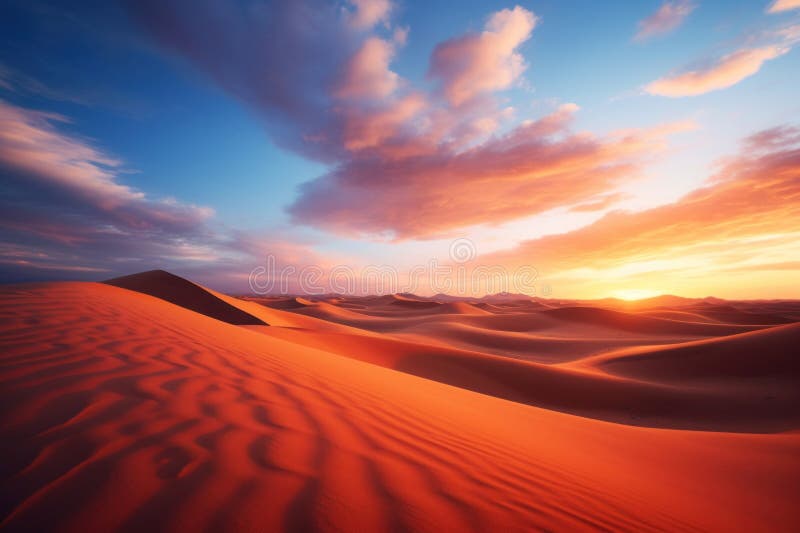 Sunset Over Sandy Desert Landscape with Ridged Dune Patterns Stock ...