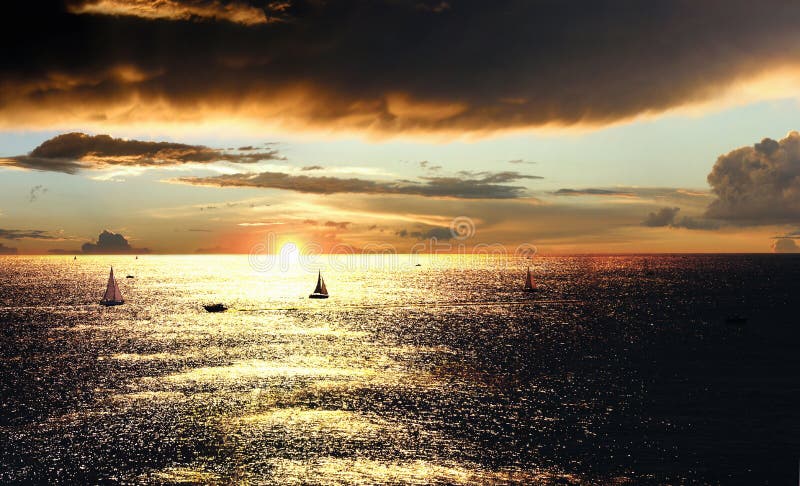 Sunset Over the Sea with Boats Stock Image - Image of horizon, color ...