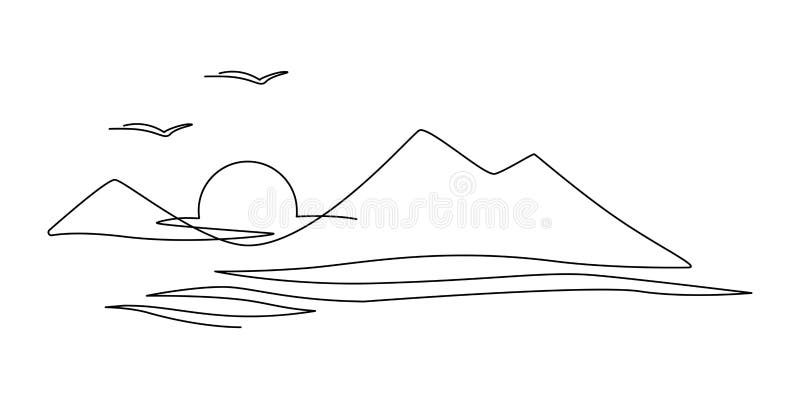 Sunset Over the Sea. Continuous Line Drawing. Vector Illustration Stock ...