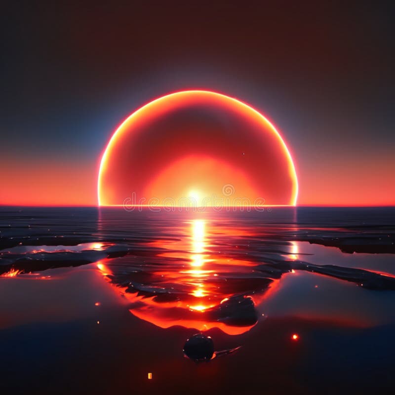 Sunset Over the Sea, 3d Render. Computer Digital Drawing Stock ...