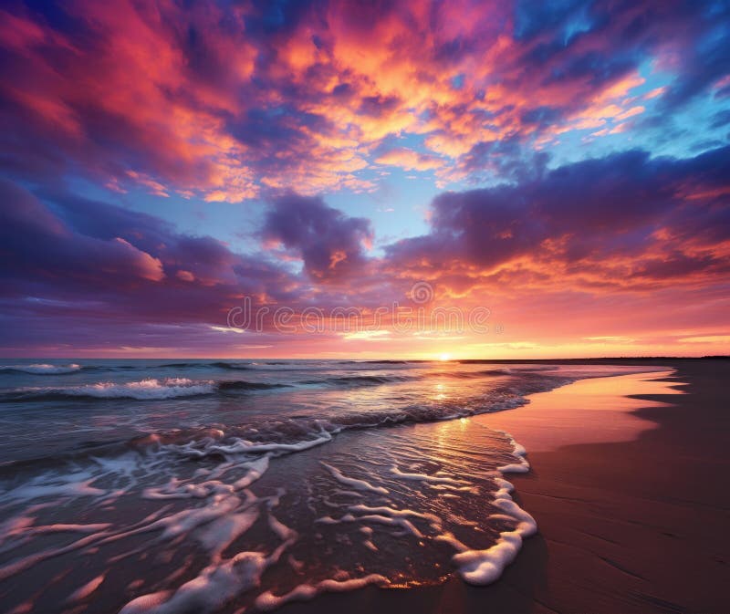 Sunset Over the Sea and Sandy Beach Stock Illustration - Illustration ...