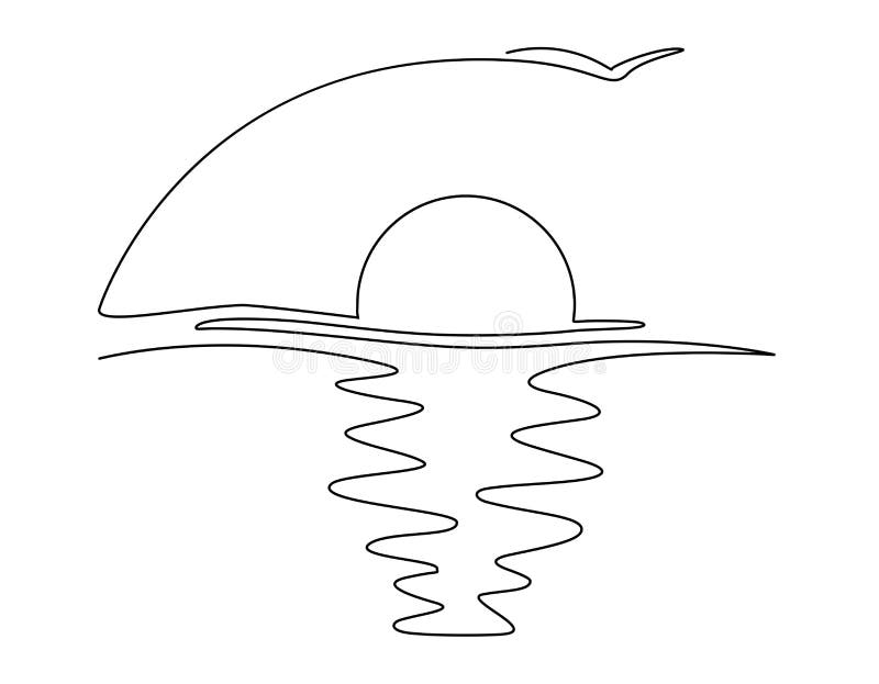 Sunset Over the Sea. Single Continuous Line Drawing. Vector ...