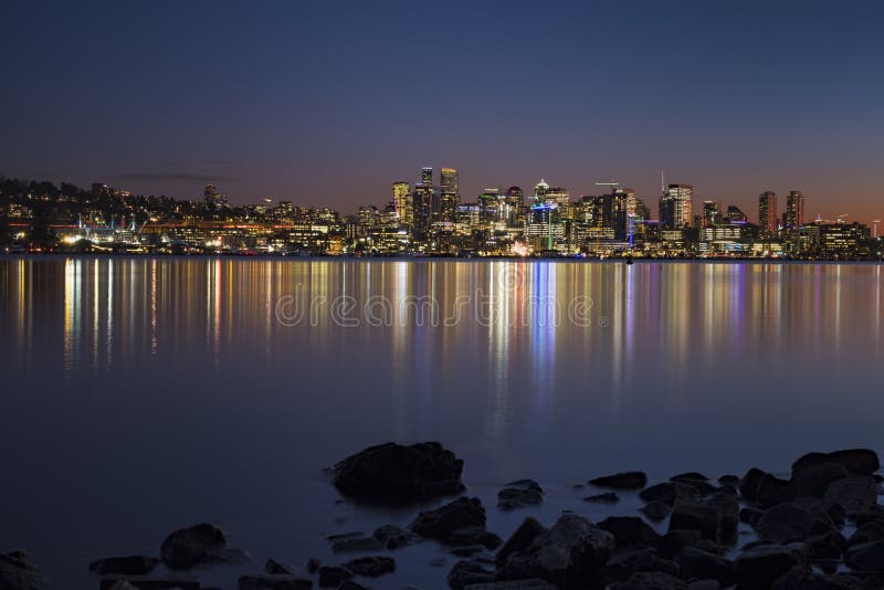 Sunset Over Seattle`s Skyline Creating Reflections in Lake Washington ...