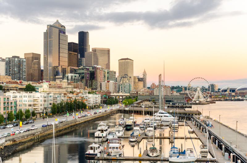 Seattle Waterfront at Sunset Stock Image - Image of colorful, pier ...