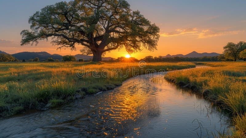 Sunset Over Serene Meadow with Tree and Stream - Generative Ai Stock ...