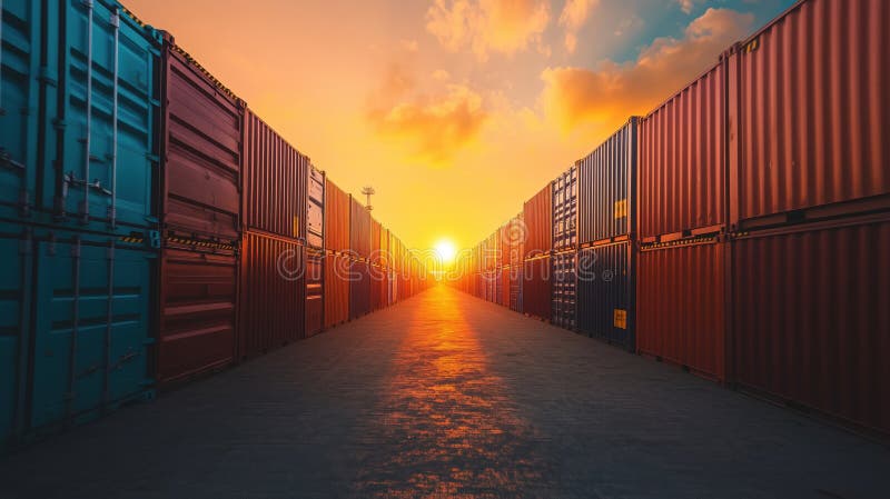 Sunset Over Shipping Containers Creating Vibrant Industrial Landscape ...