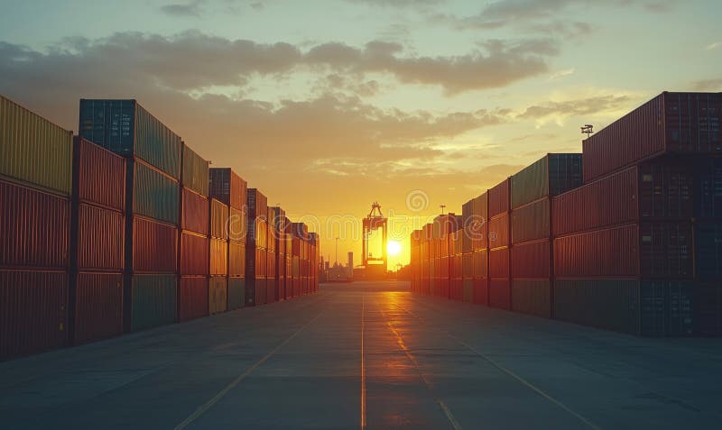 Sunset Over Shipping Containers at Port with Crane Silhouette Stock ...