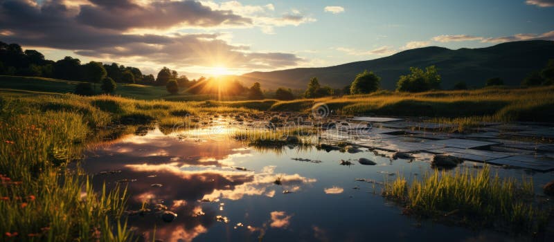 A Small River Flows in the Park Along a Walking Path. Flowers Along the ...
