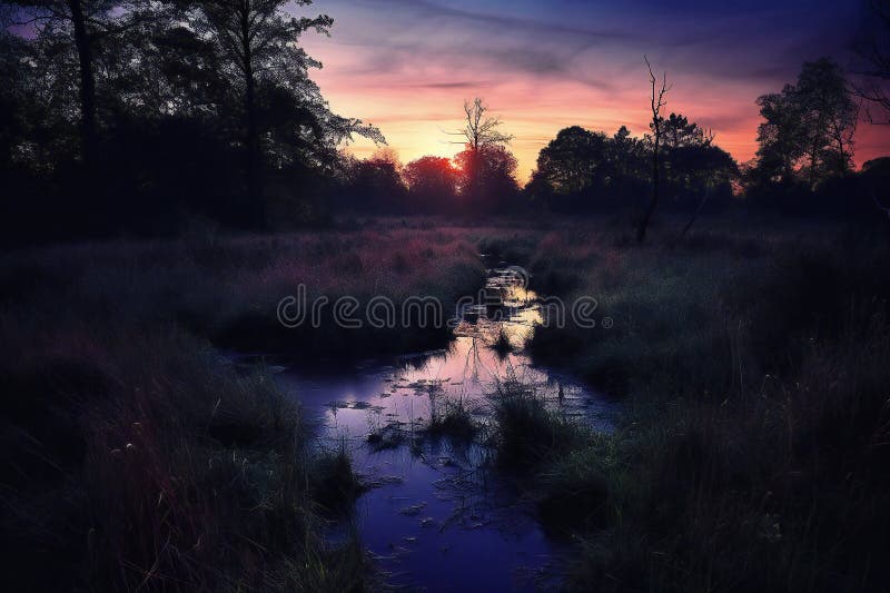 Sunset Over a Small River in the Swamp with Trees and Grass Stock ...
