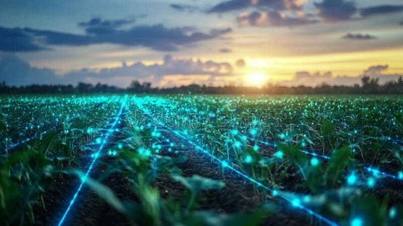 Sunset Over a Smart Farm Network: Green Plants and Glowing Blue Data ...