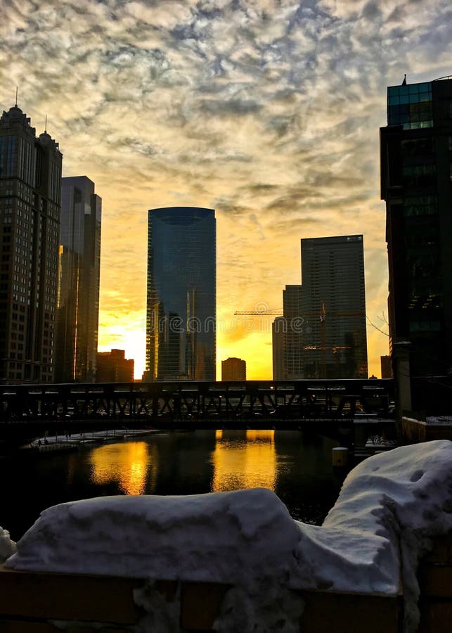 Sunset Over a Snowy Chicagoland and Chicago River in Winter. Stock ...