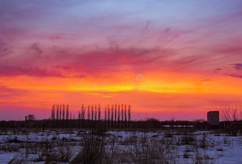 Sunset Over the Snowy Field Stock Image - Image of horizon, landscape ...