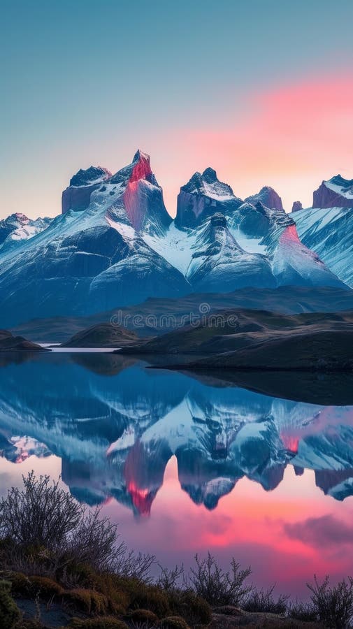 Sunset Over Snowy Mountain Peaks with Reflection in Lake Stock Photo ...