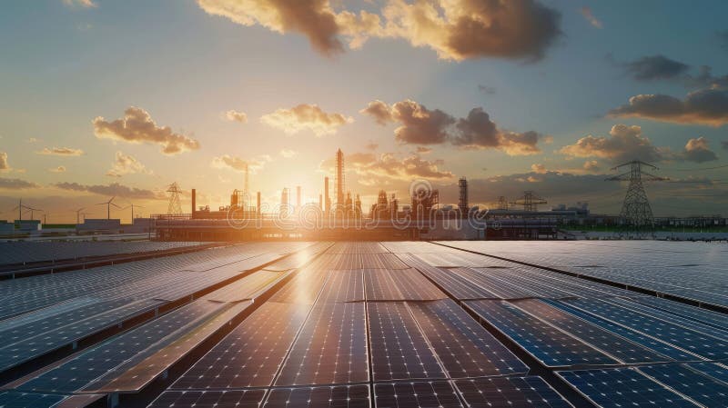 Sunset Over Solar Panels with City Skyline Stock Image - Image of ...