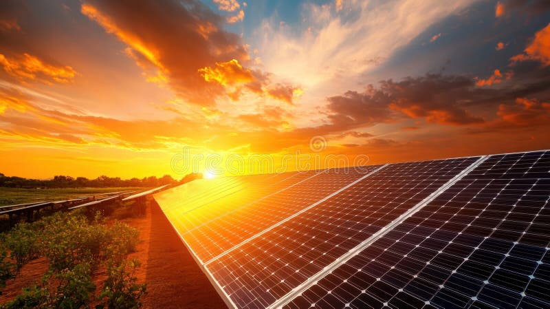 Sunset Over Solar Panels with Dramatic Clouds in the Sky Stock ...