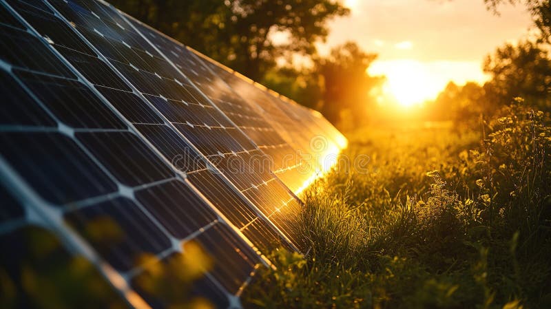 Sunset Over Solar Panels in Natural Setting Stock Illustration ...