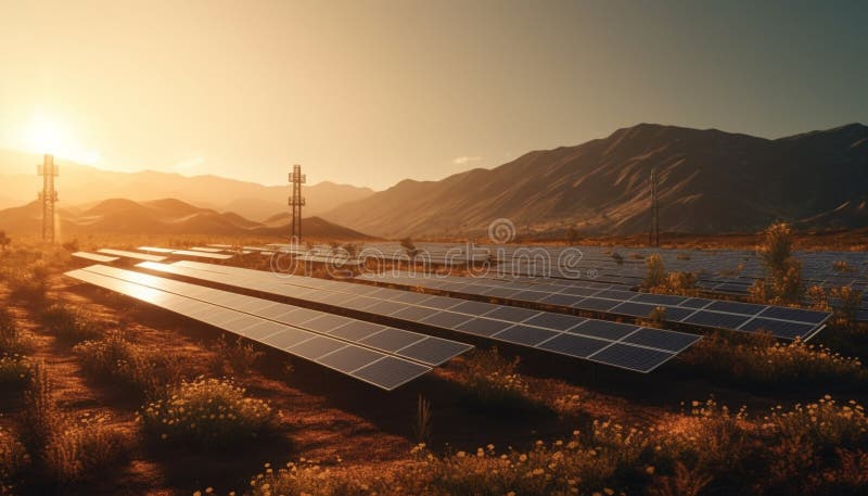 Sunset Over Solar Power Station, Efficient Energy Generation Generated ...