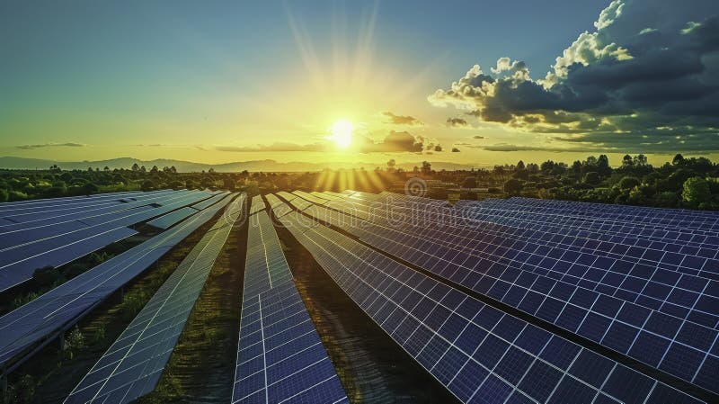 Sunset Over a Sprawling Field of Solar Panels Capturing the Potential ...