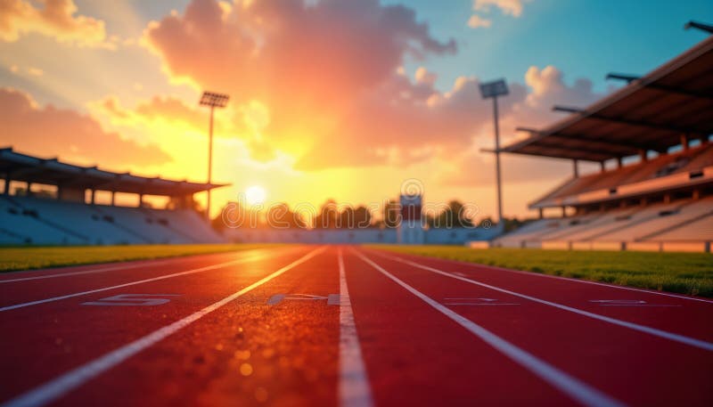 Sunset Over Stadium Track. Athletic Field Ready for Competition. Red ...