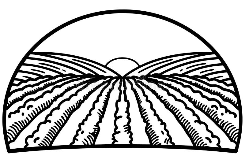 Sunset Over Stylized Landscape of Rolling Fields and Hills, Linear ...