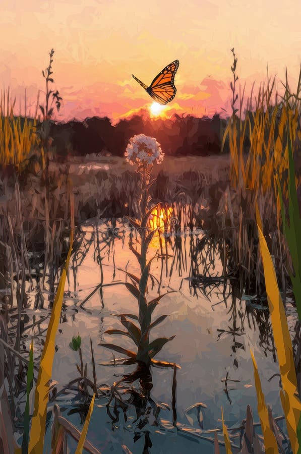 Sunset Over Swamp with Butterfly in Marshland Stock Illustration ...