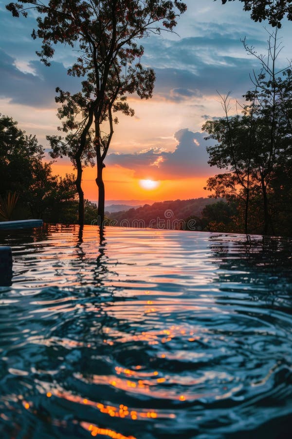 Sunset over swimming pool stock image. Image of serenity - 376733147