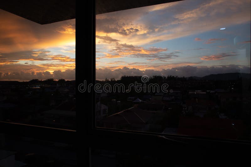 Sunset Over Town through a Closed Window. Stock Photo - Image of dark ...