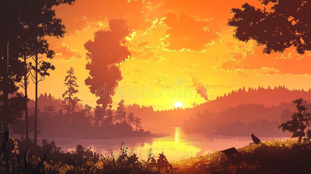 Sunset Over Tranquil Forest Lake, Pixel Art Style Stock Image - Image ...
