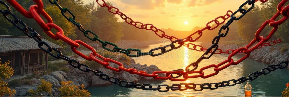 Sunset Over Tranquil River with Colorful Chains and Riverside Cabin ...