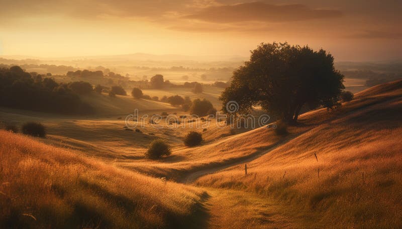 Sunset Over Tranquil Rural Landscape, Idyllic Beauty Generated by AI ...