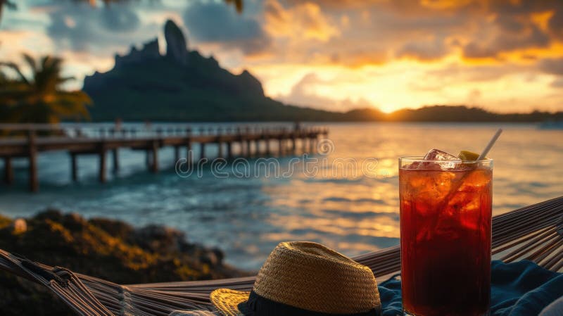Sunset Over Tropical Beach with Iced Drink on Hammock Stock Image ...