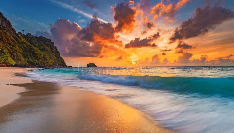 Sunset Over Tropical Island Beach with Motion Blurred Sea Waves Stock ...