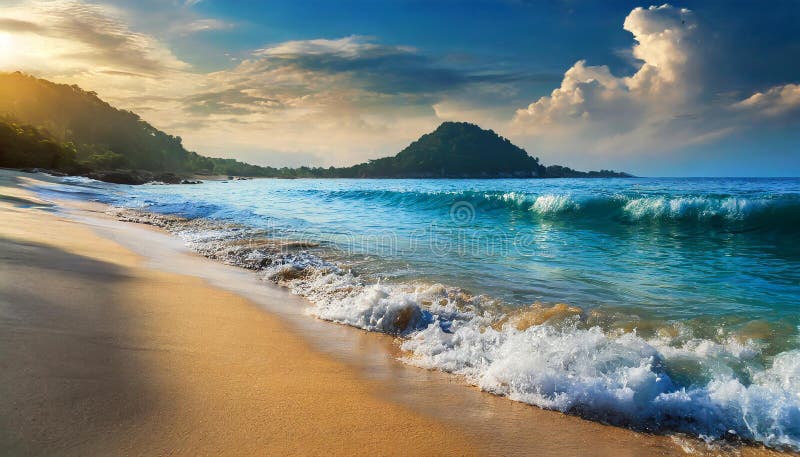 Sunset Over Tropical Island Beach with Motion Blurred Sea Waves Stock ...