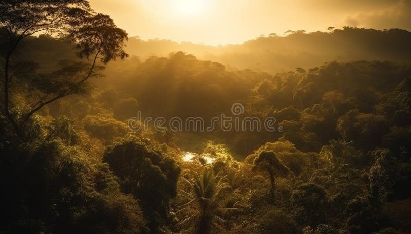Sunset Over Tropical Rainforest, a Tranquil Scene Generated by AI Stock ...