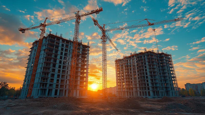 Sunset Over Two High-rise Buildings Under Construction Stock ...