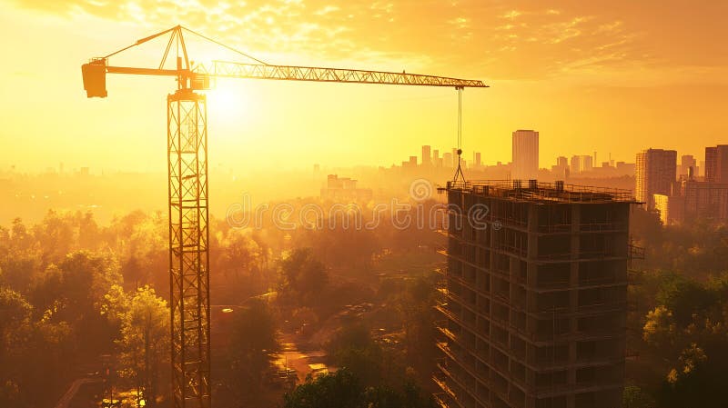 Sunset Over Urban Construction Site with Tower Crane and City Skyline ...