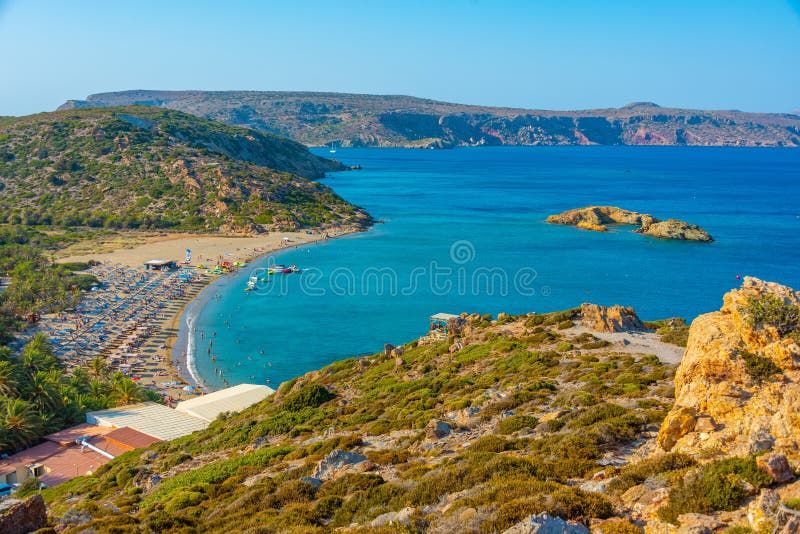 Sunset Over Vai Beach at Crete, Greece Stock Photo - Image of tree ...