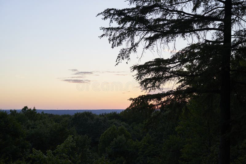Sunset Over Valley with Evergreen Stock Image - Image of overlook ...